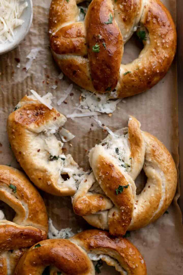 Spinach Artichoke Stuffed Pretzels - Cambrea Bakes