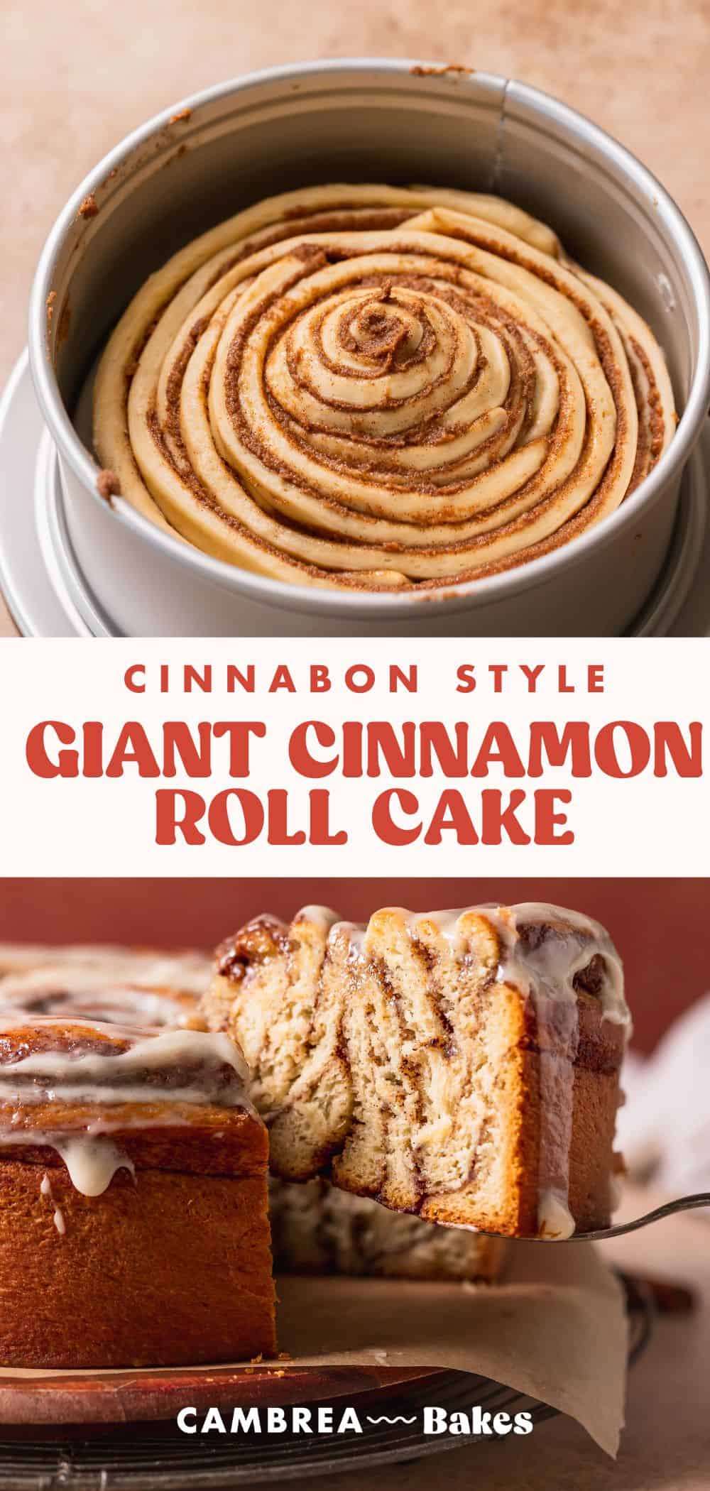 Giant Cinnabon Cinnamon Roll Cake (with video) - Cambrea Bakes