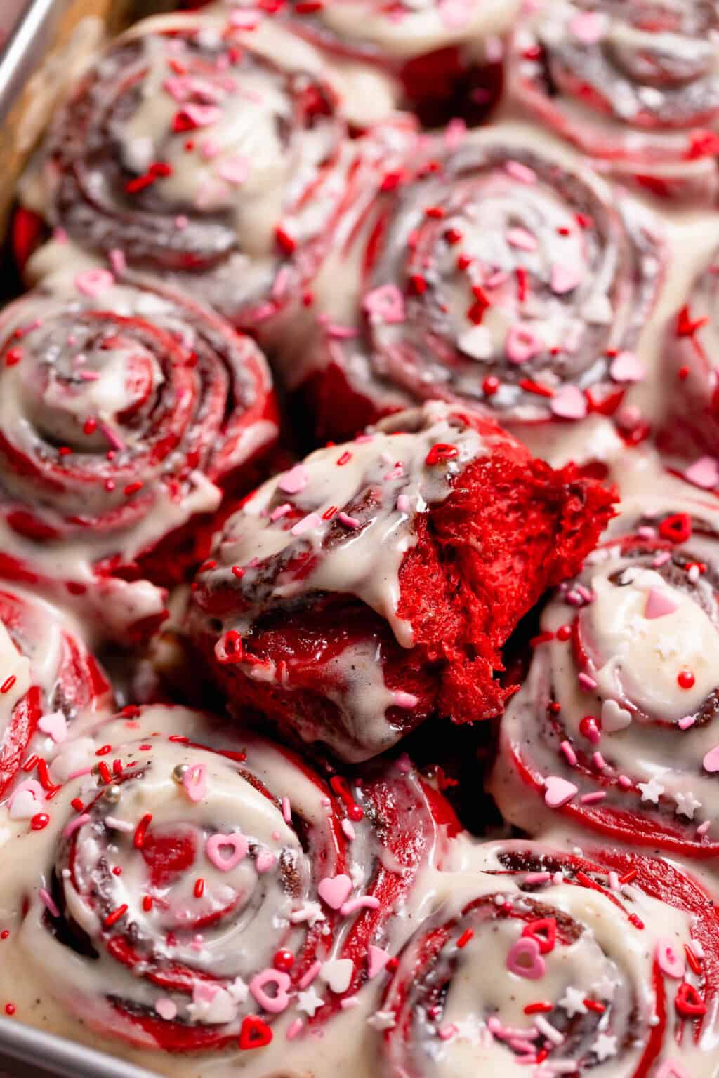 Red Velvet Cinnamon Rolls with Cream Cheese Frosting - Cambrea Bakes