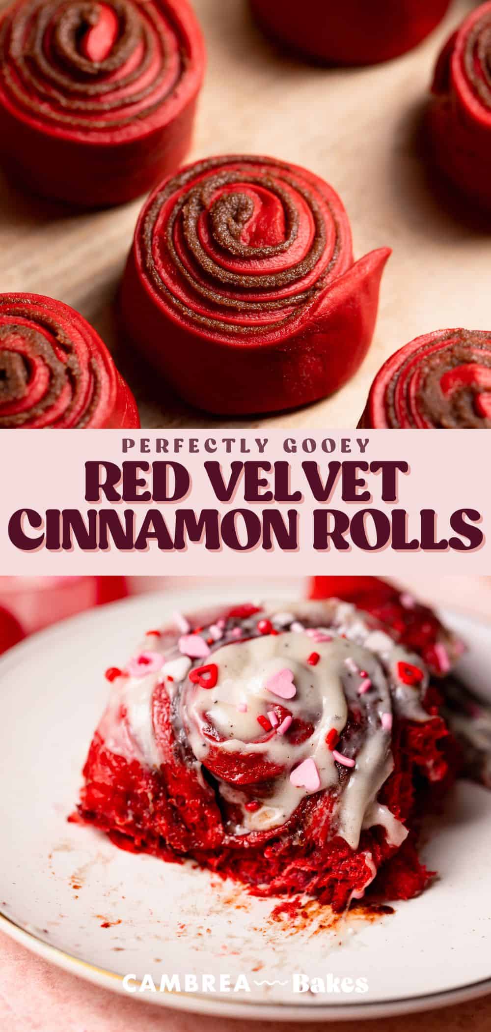 Red Velvet Cinnamon Rolls with Cream Cheese Frosting - Cambrea Bakes