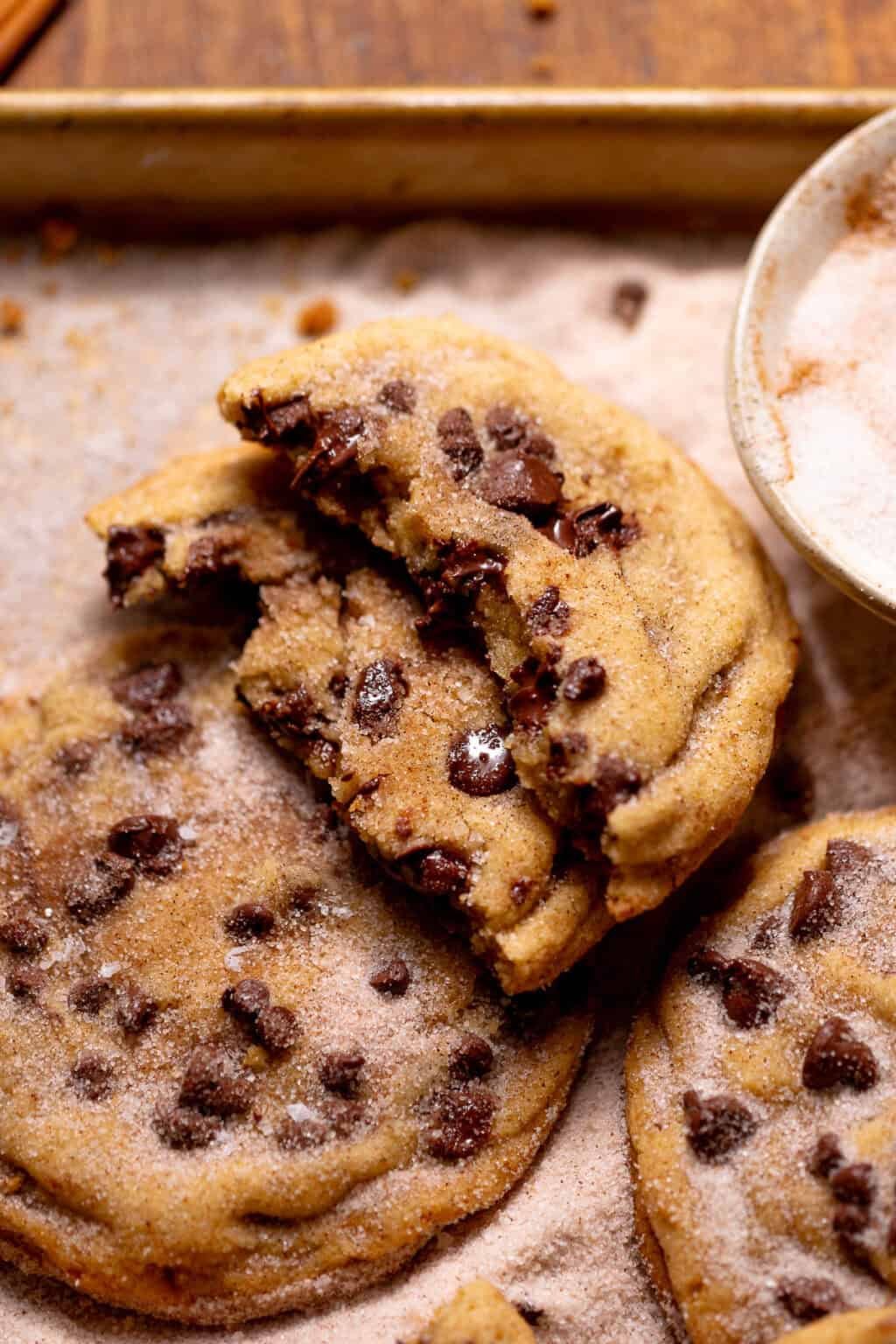 Thick & Gooey Chocolate Chip Snickerdoodle Cookies - Cambrea Bakes